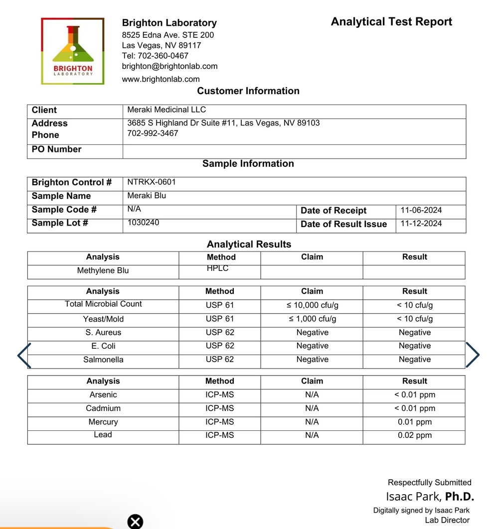 Meraki Medicinal Methylene Blue Lab Test Results – Lab Backed